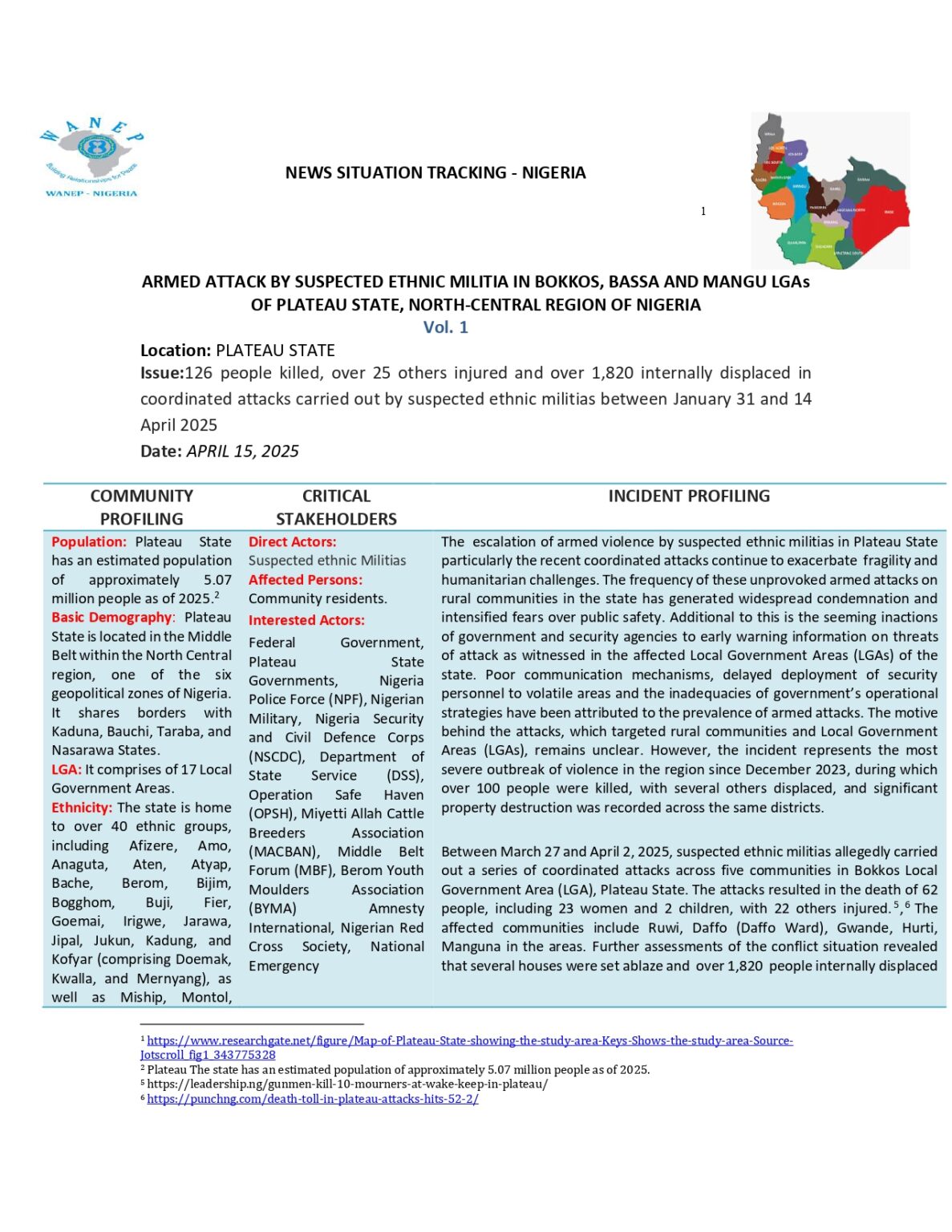 SITUATION TRACKING ON ARMED VIOLENCE IN PLATEAU STATE - WANEP-Nigeria